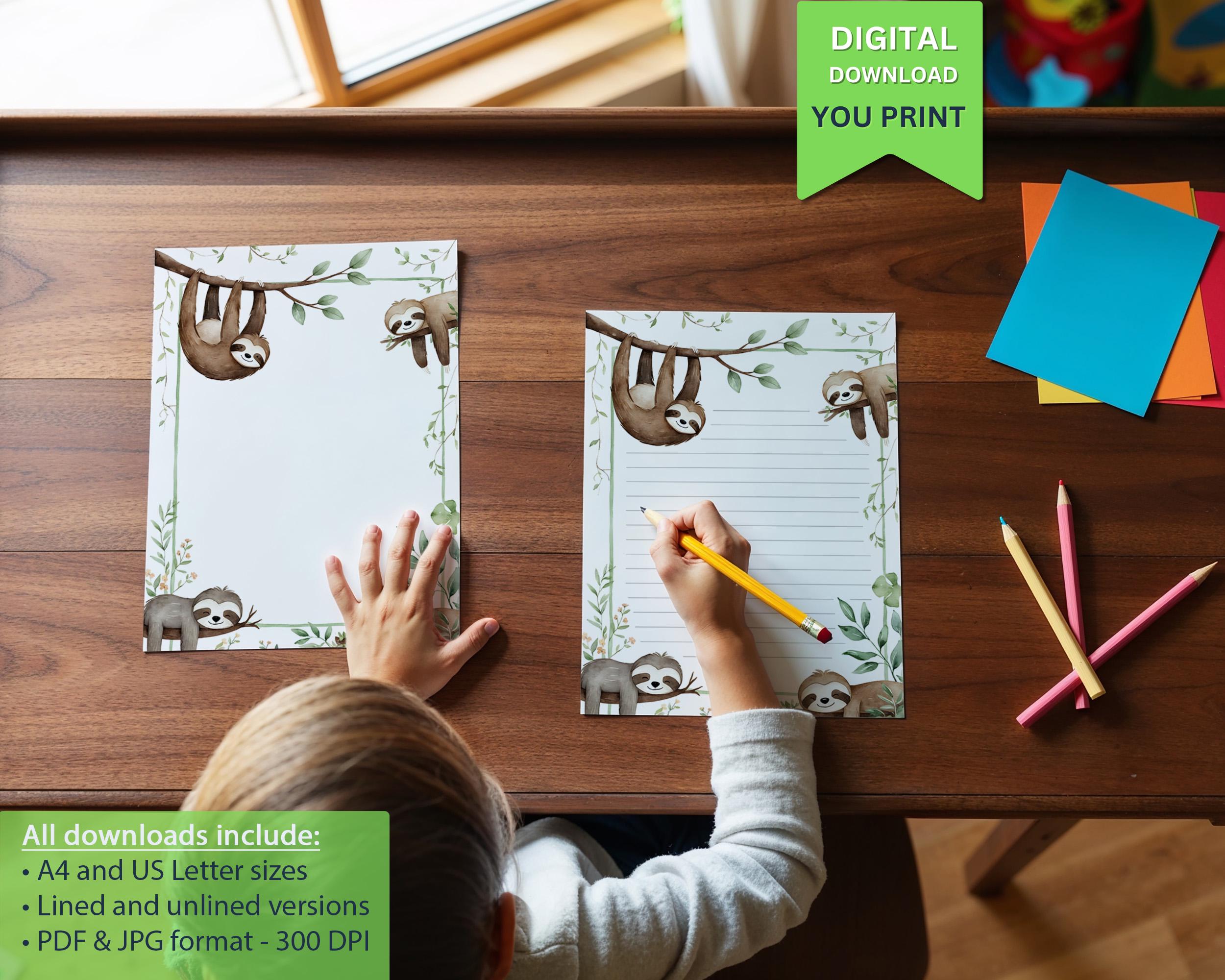 Cute Sloth-themed Printable Writing Paper for Kids | A4 and US Letter ...