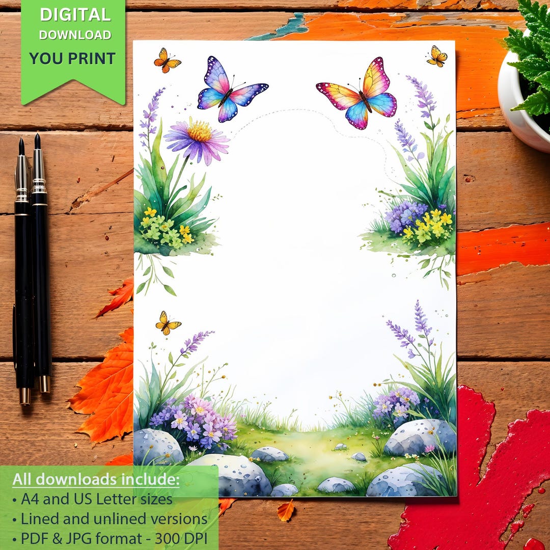 Butterfly Printable Stationery, Floral Writing Paper, Watercolor Garden ...