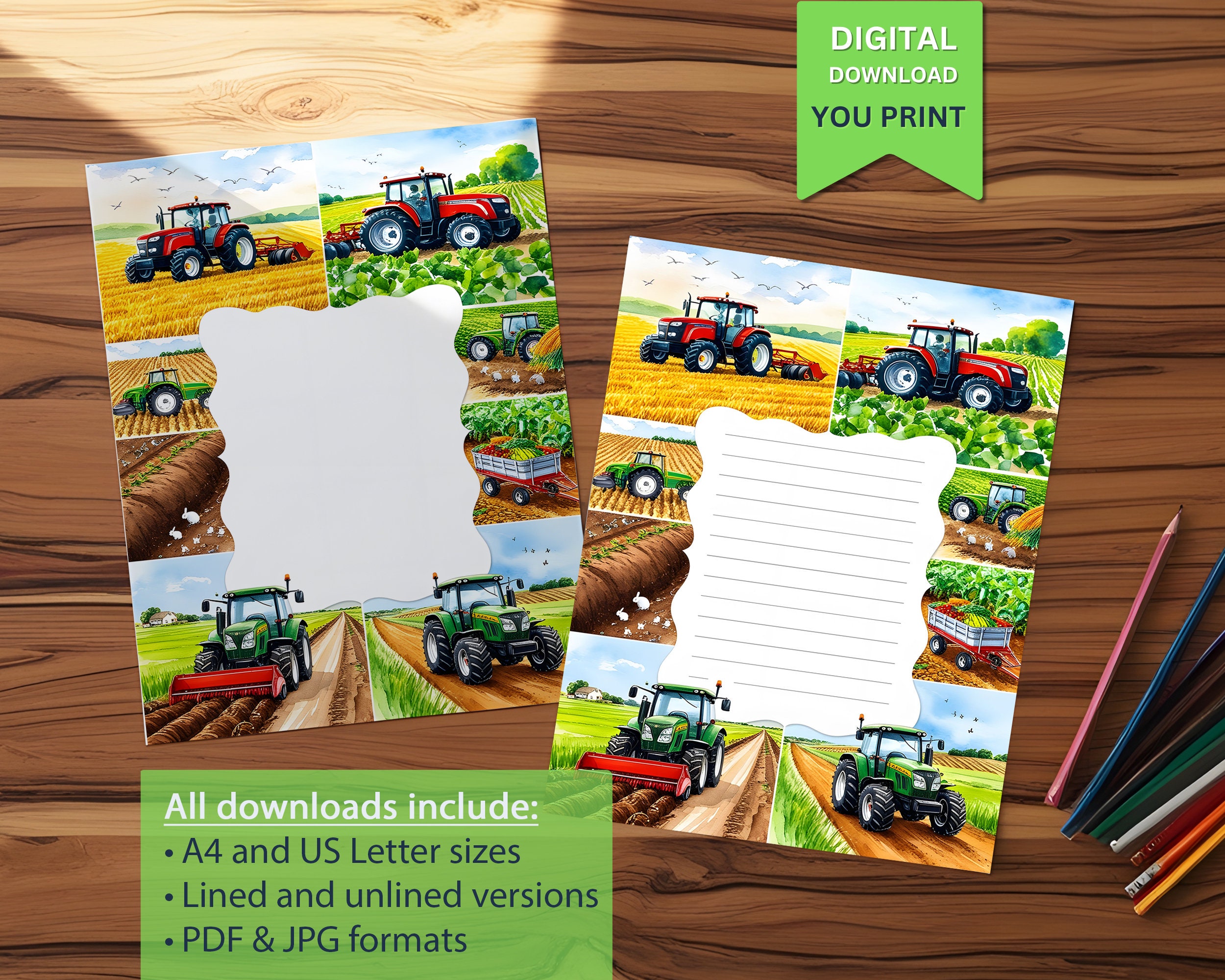 Tractor Writing Paper for Kids: Farm Life Stationery (digital Download ...