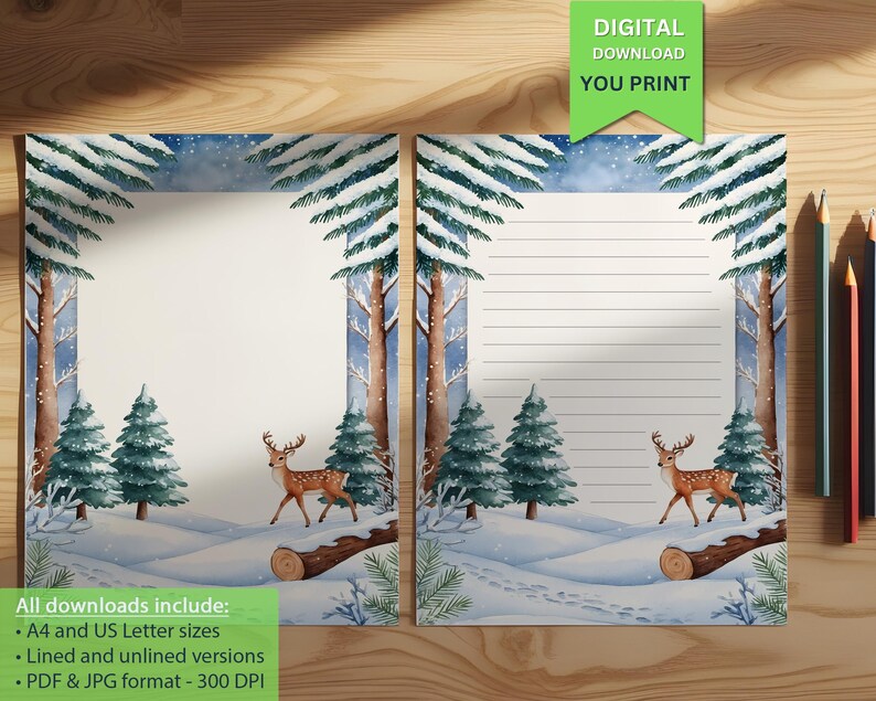 Winter Forest Deer Writing Paper - A4 US Letter Printable Stationery ...