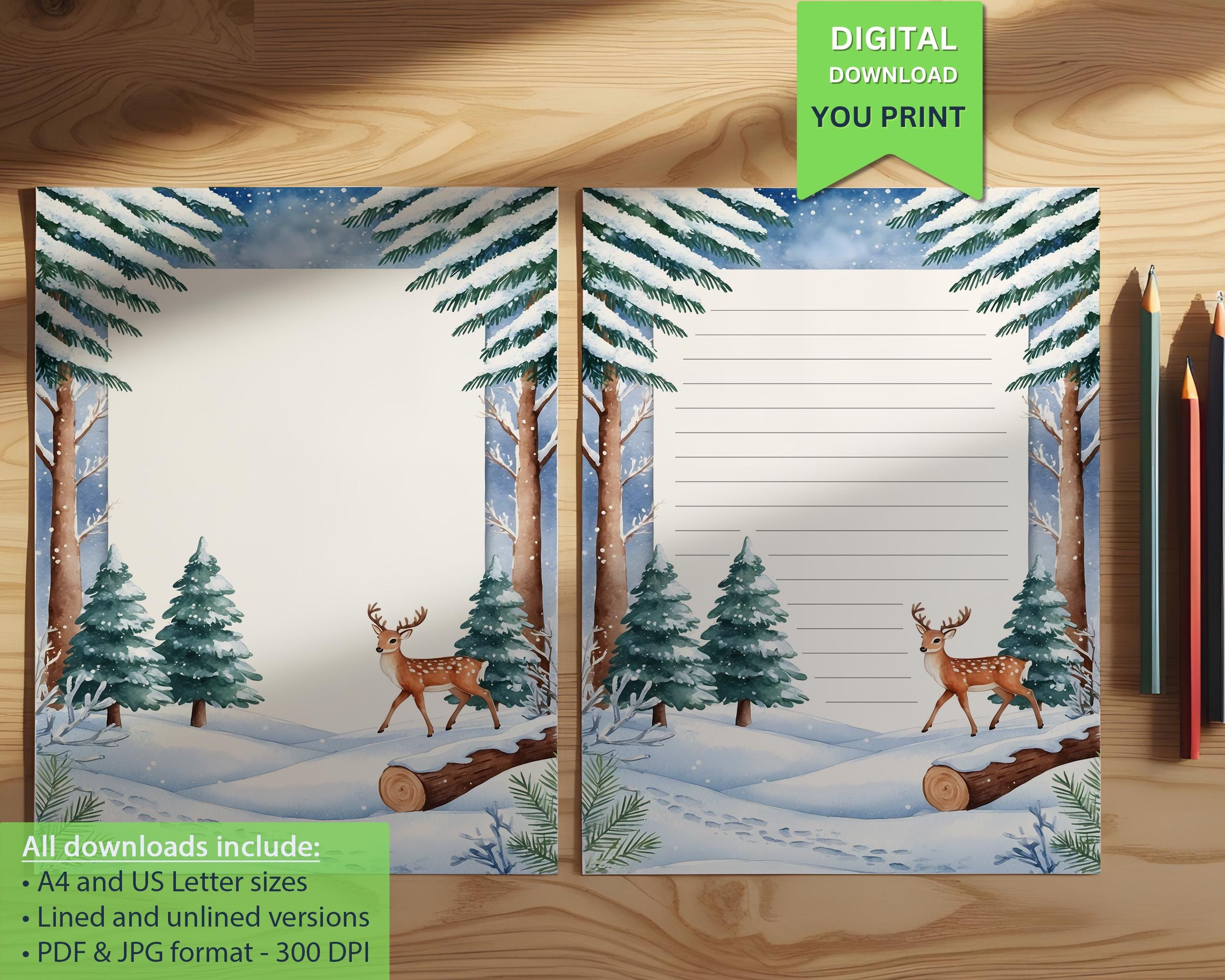 Winter Forest Deer Writing Paper A4 US Letter Printable Stationery ...