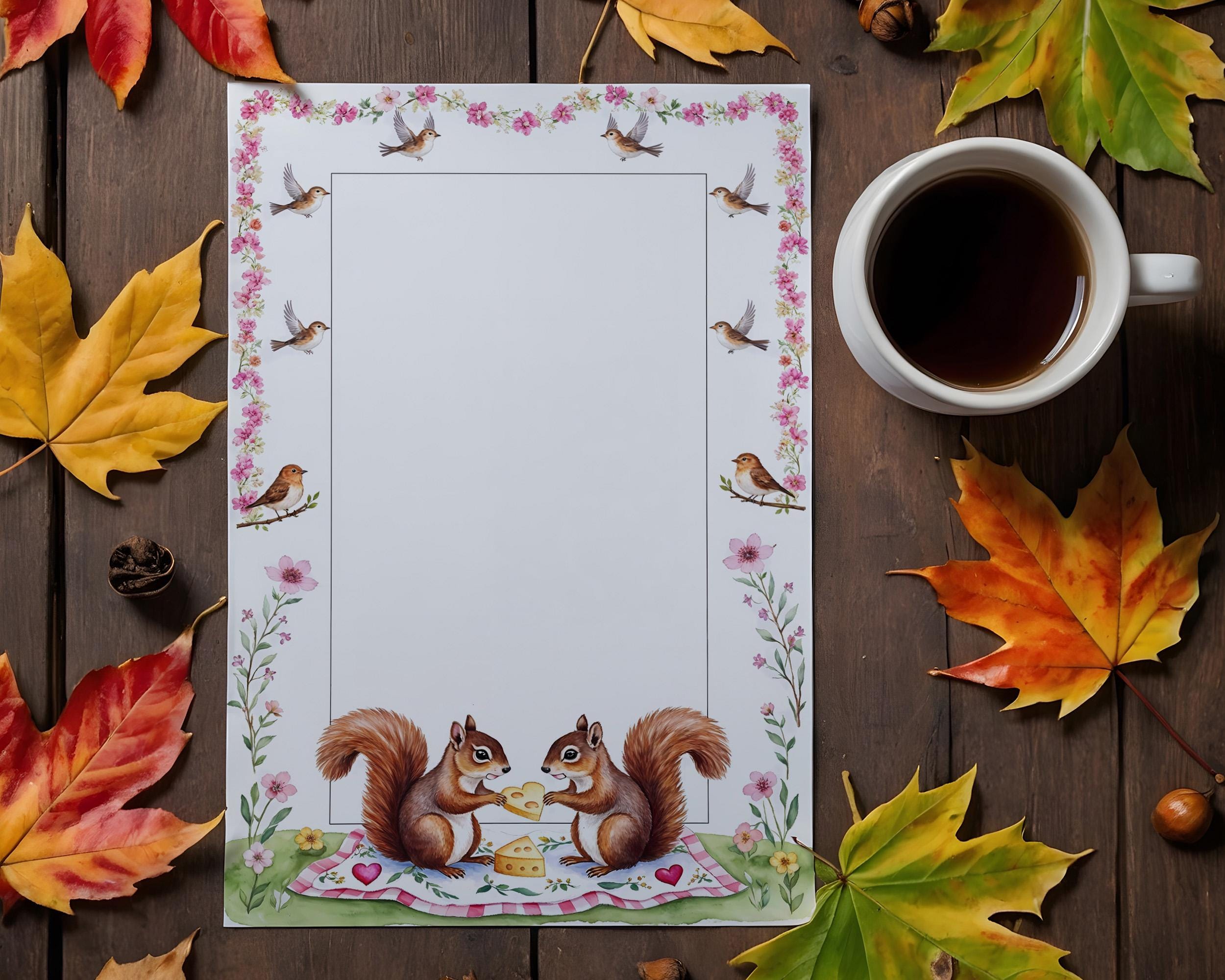 Printable Kids Writing Paper With Cute Squirrels and Birds, Floral ...