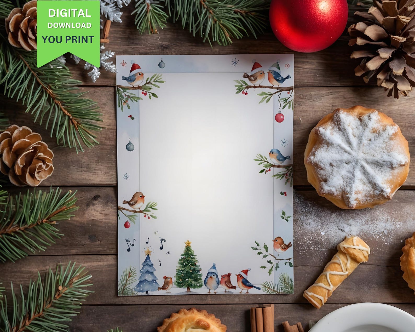 Christmas Writing Paper With Festive Birds and Holiday Decorations – A4 ...