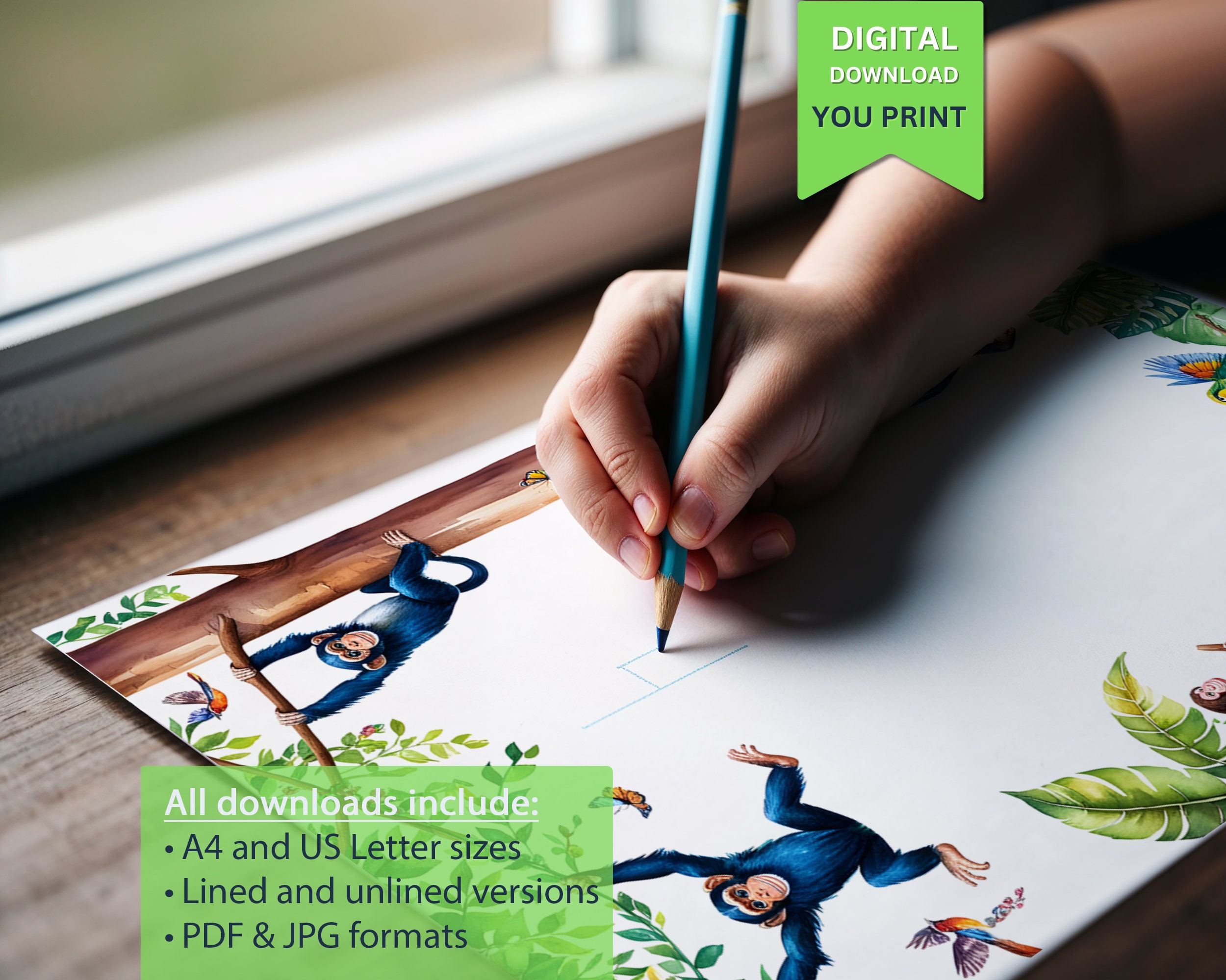 Jungle-themed Writing Paper for Kids Printable Monkey Stationery With Fun Animal Designs - Etsy