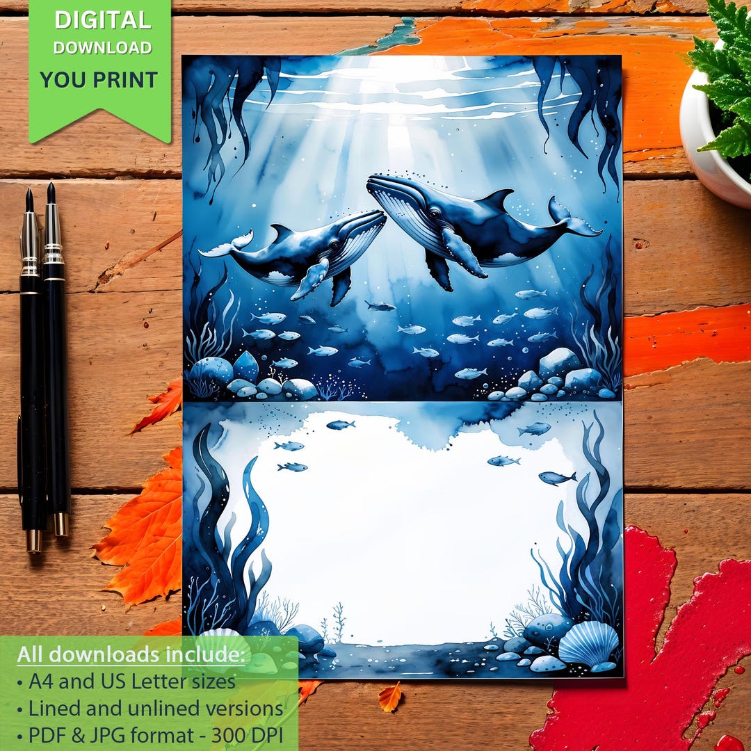 Whale Stationery: Ocean Watercolor Letter Paper (digital Download) - Etsy