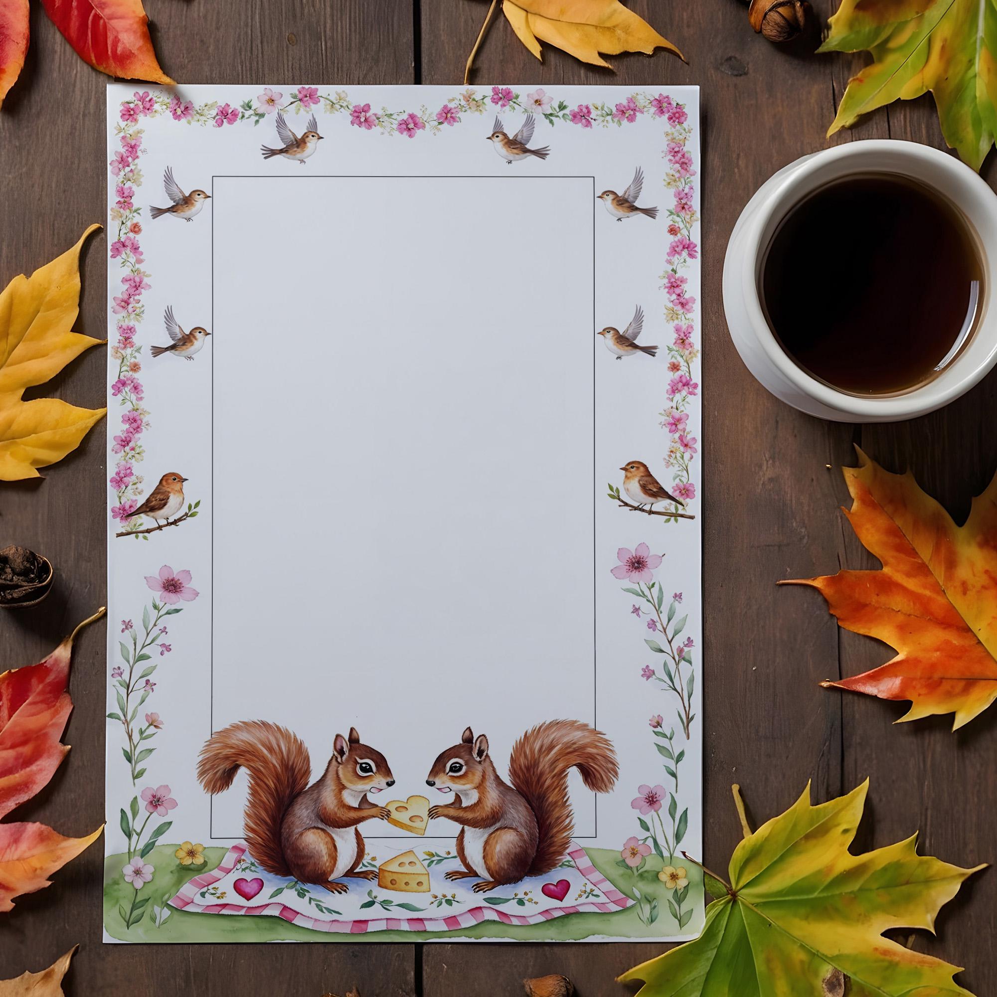 Printable Kids Writing Paper With Cute Squirrels and Birds, Floral ...