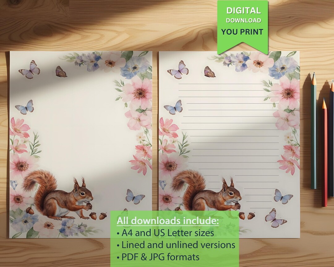 Woodland Squirrel Writing Paper: Floral Butterfly Stationery (digital ...