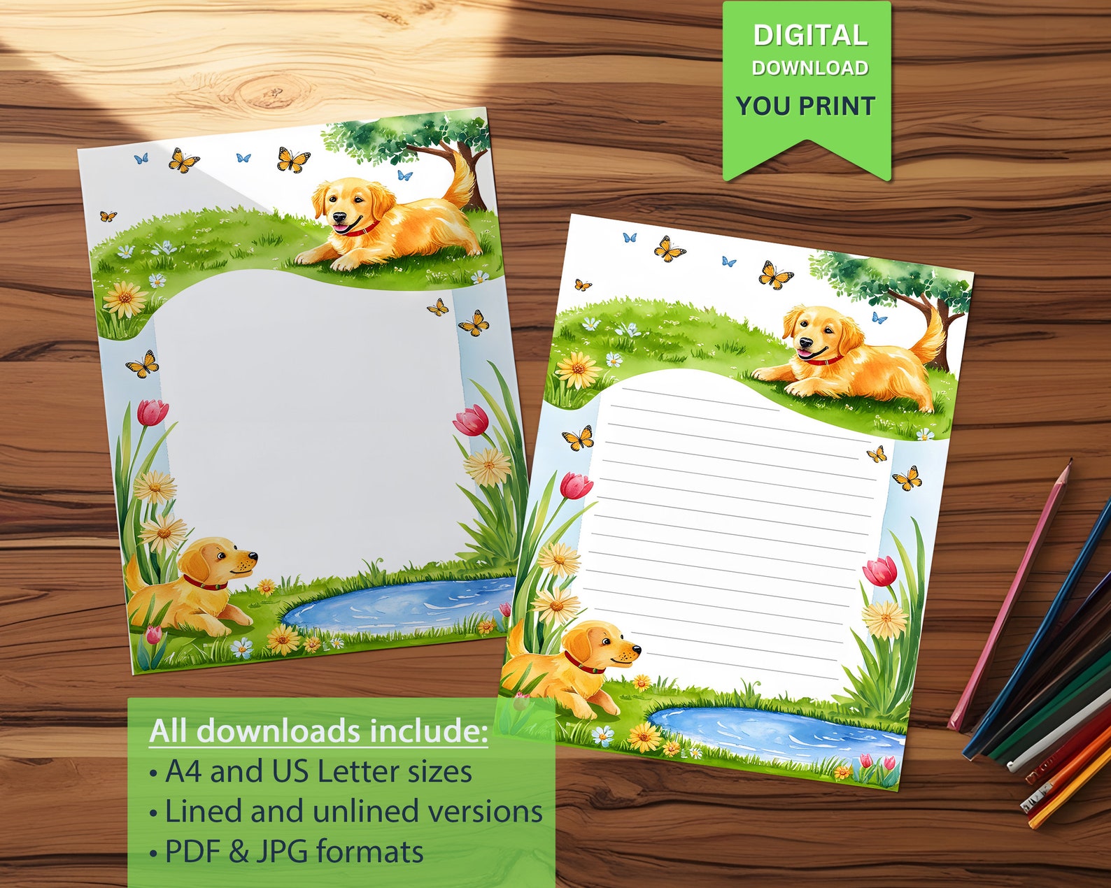 Printable Golden Retriever-themed Writing Paper for Kids – Cute Dog ...