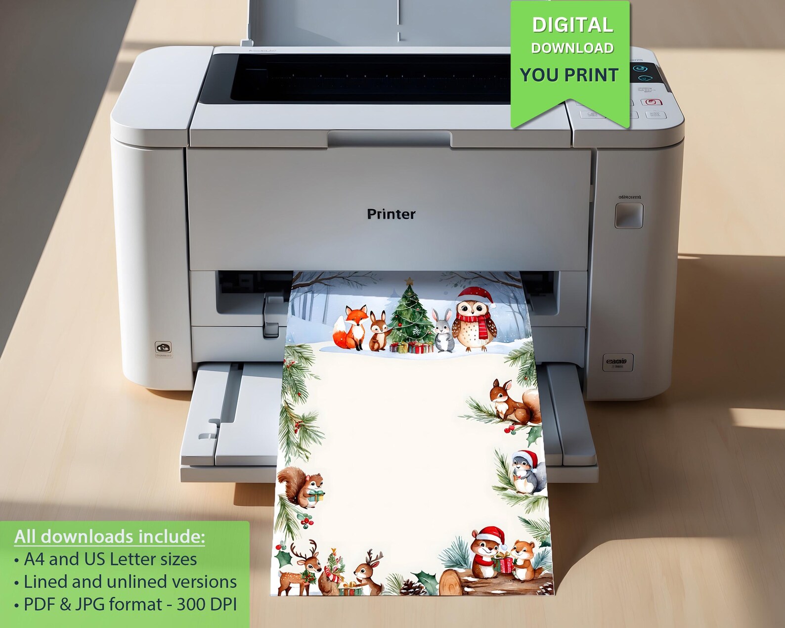 Woodland Christmas Writing Paper With Cute Forest Animals and Festive ...