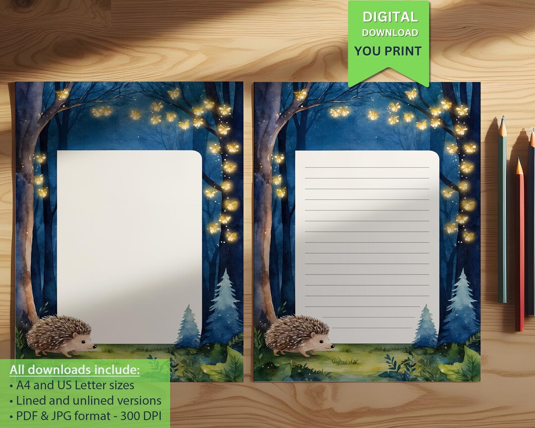 Night Forest Hedgehog Writing Paper - A4 US Letter Printable Stationery ...