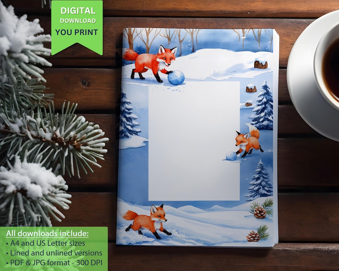 Winter Fox Writing Paper - A4 US Letter Printable Stationery - Snowy ...