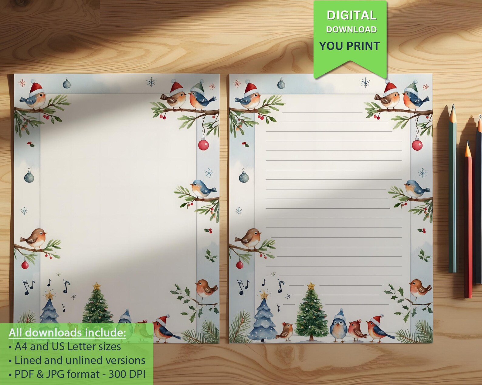 Christmas Writing Paper With Festive Birds and Holiday Decorations – A4 ...