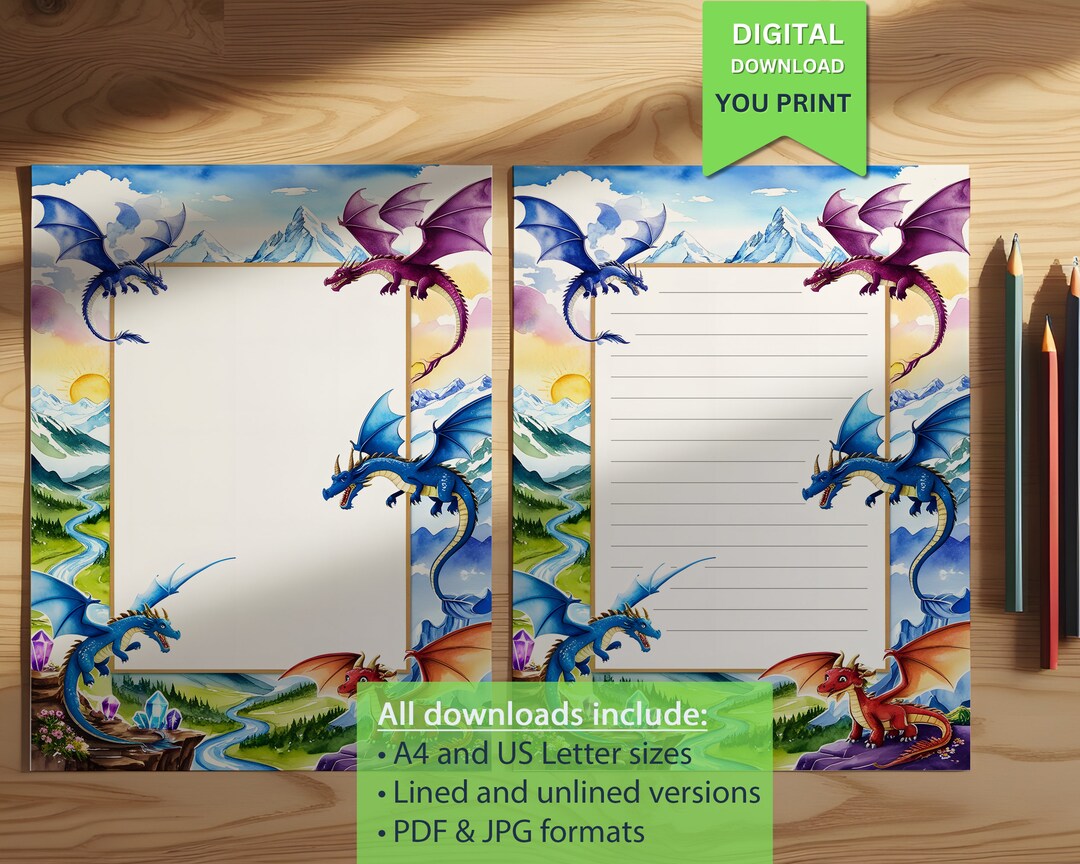 Printable Dragon-themed Writing Paper for Kids – Fantasy Stationery ...