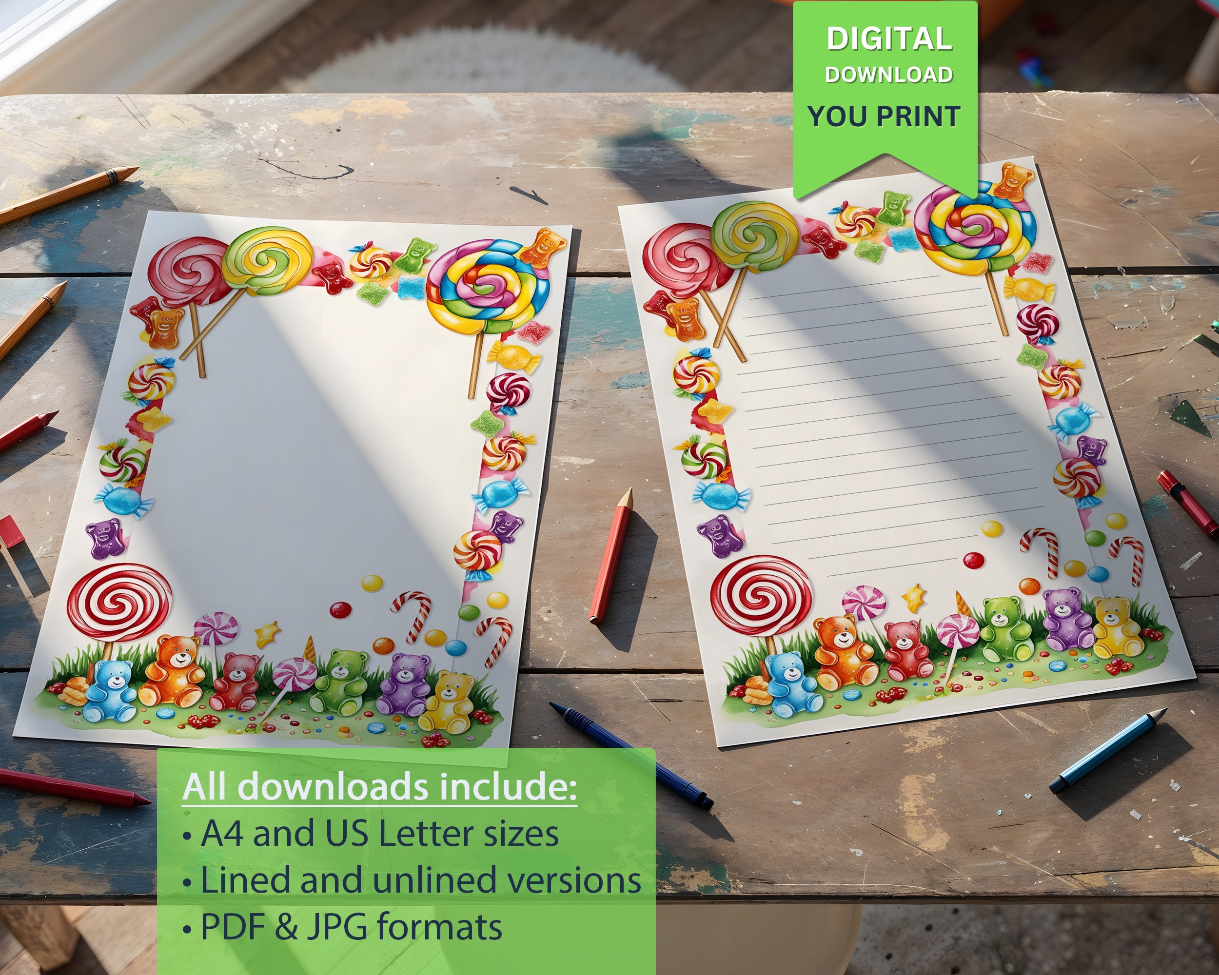 Colorful Candy-themed Printable Writing Paper for Kids With Gummy Bears ...