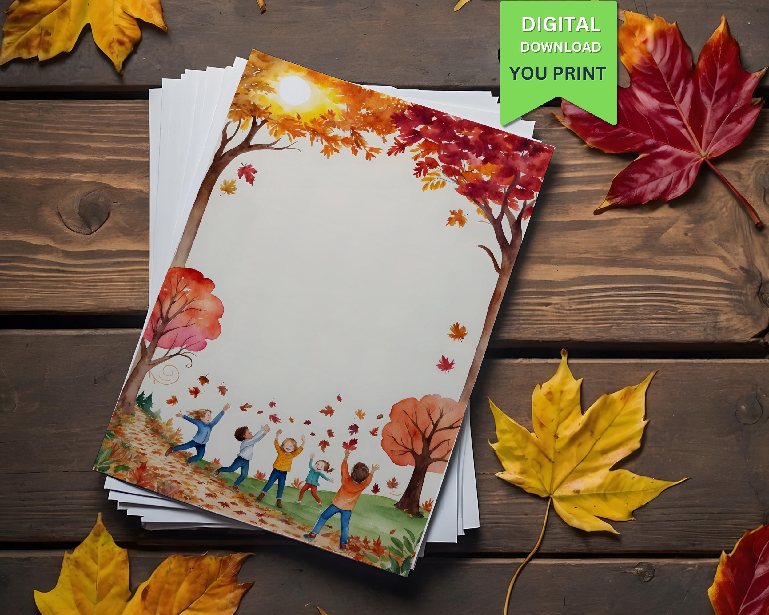 Autumn Writing Paper With Kids Playing in Falling Leaves and Vibrant ...