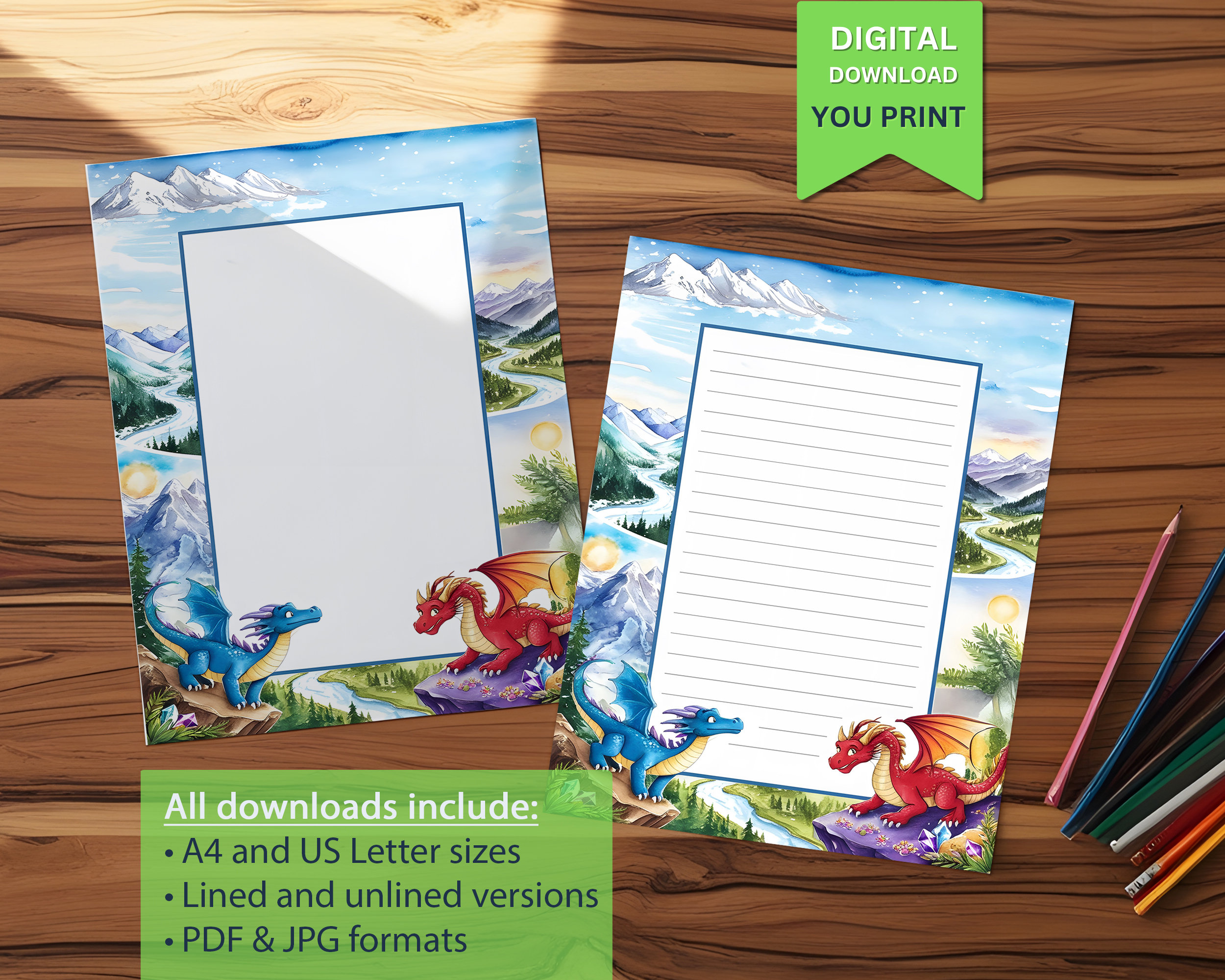 Printable Dragon Adventure Writing Paper for Kids – Fantasy Stationery ...