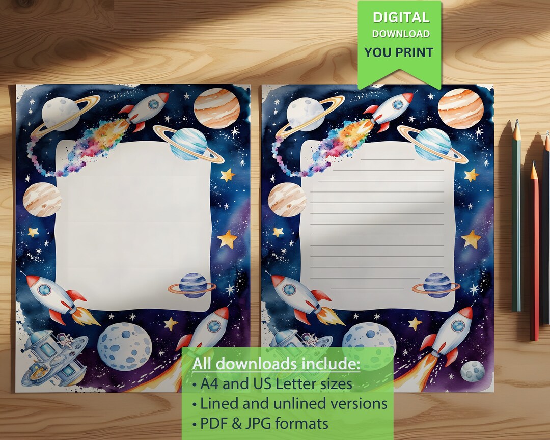 Space-themed Kids Printable Writing Paper Colorful Rockets and Planets ...