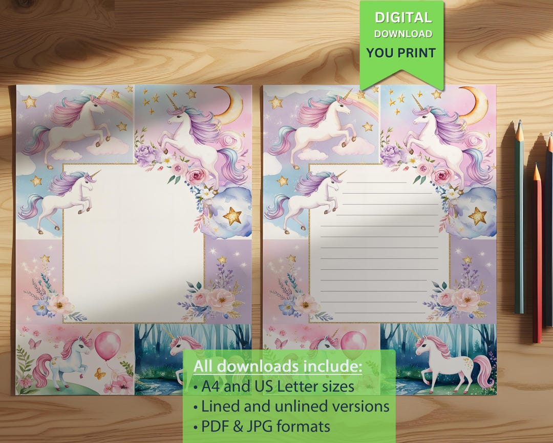 Unicorn Writing Paper Printable for Kids Rainbow & Moon-themed ...