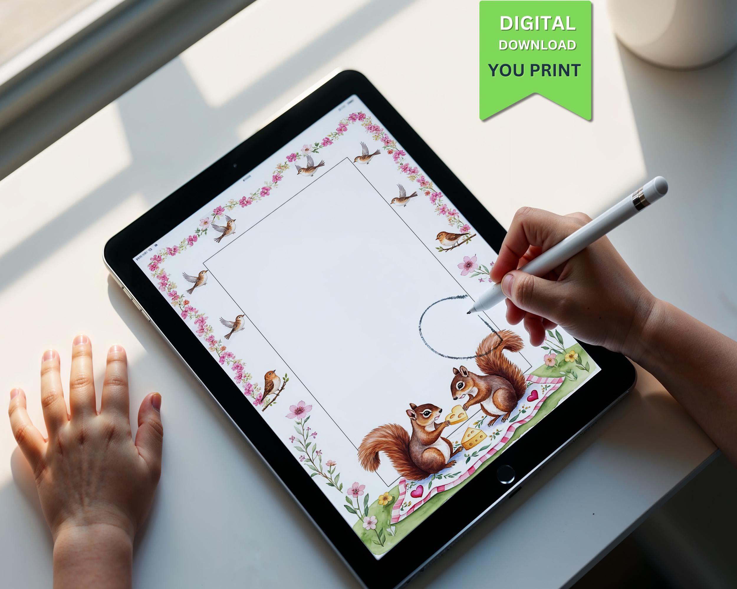 Printable Kids Writing Paper With Cute Squirrels and Birds, Floral ...