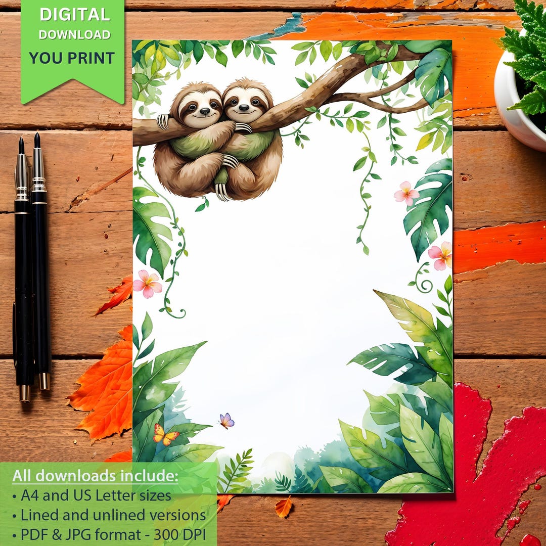 Sloth Printable Stationery, Jungle Theme Writing Paper, Cute Animal ...