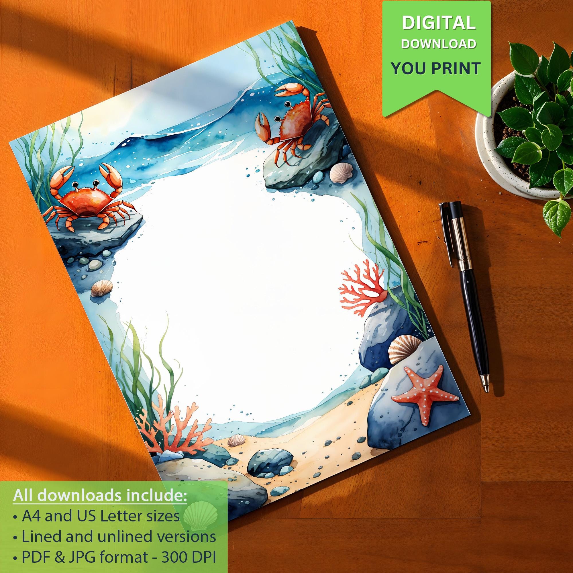 Printable Kids Writing Paper With Crabs and Ocean Theme, Underwater ...