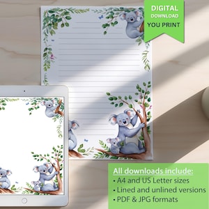 Koala-themed Printable Lined Paper for Kids | Fun Animal Stationery for ...