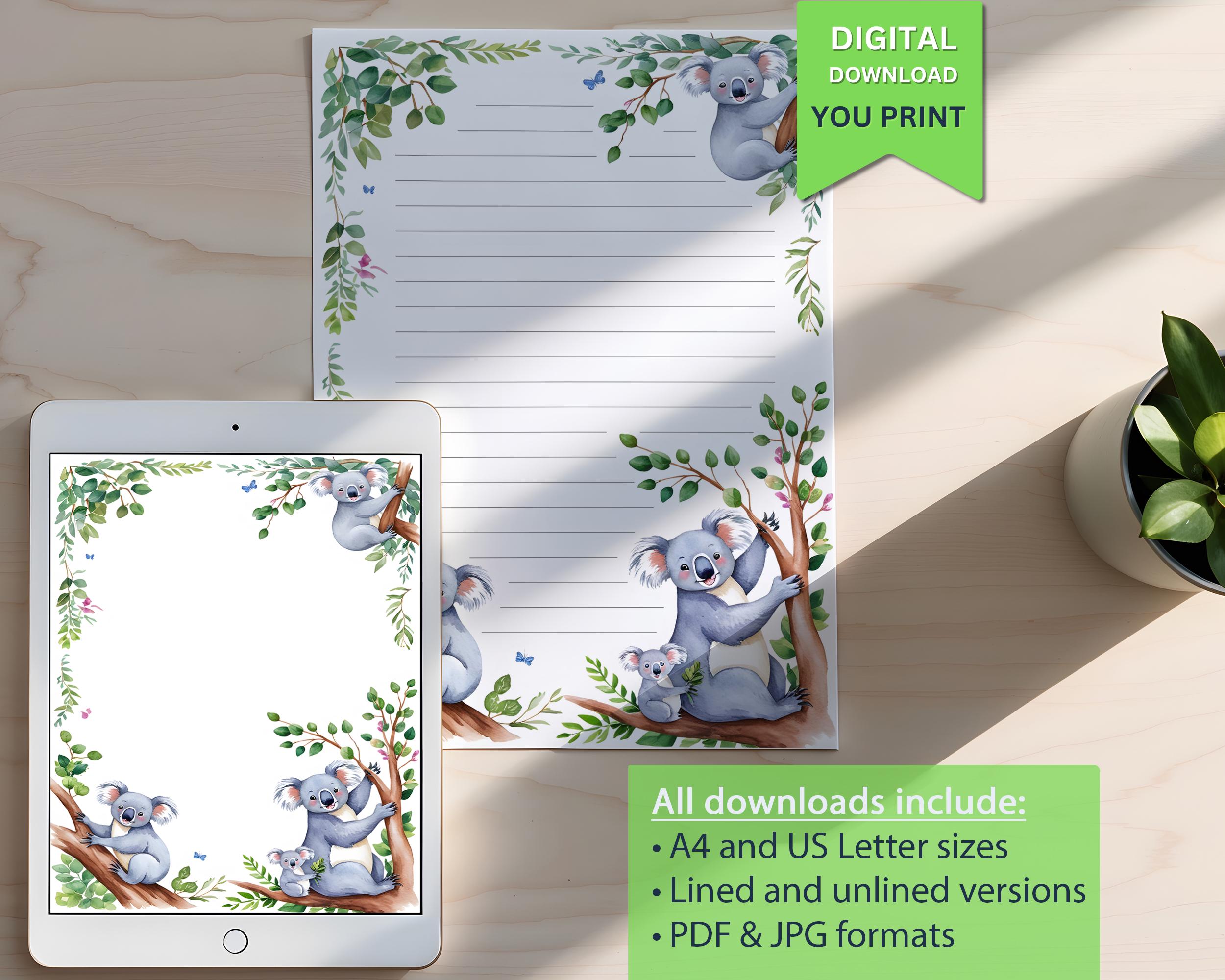 Koala-themed Printable Lined Paper for Kids | Fun Animal Stationery for ...