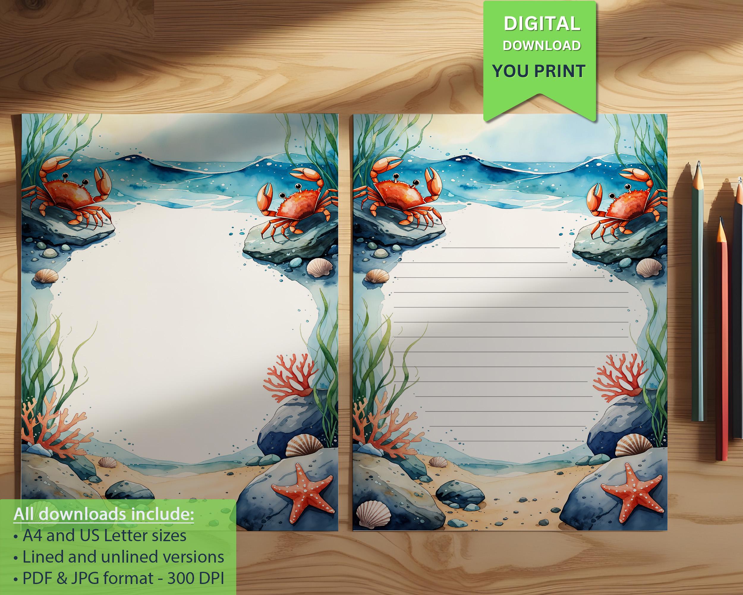 Printable Kids Writing Paper With Crabs and Ocean Theme, Underwater ...
