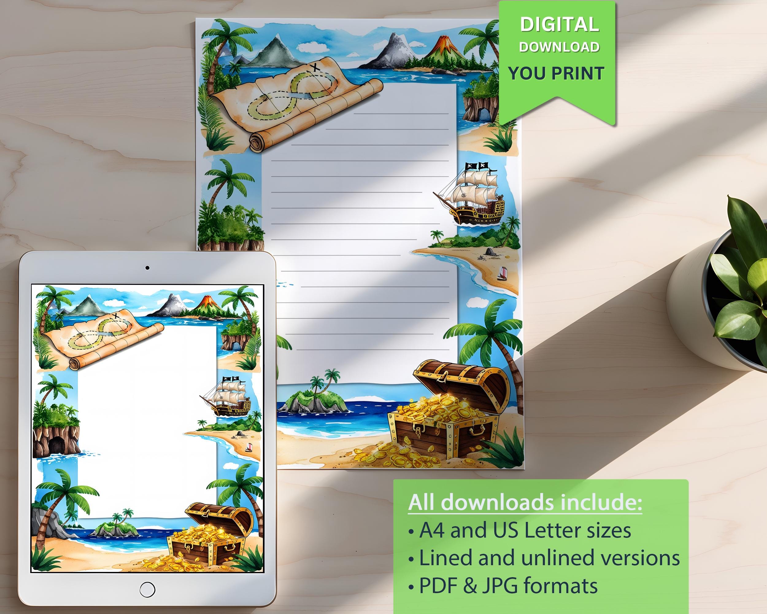 Printable Pirate-themed Treasure Map Writing Paper for Kids, Fun Island ...