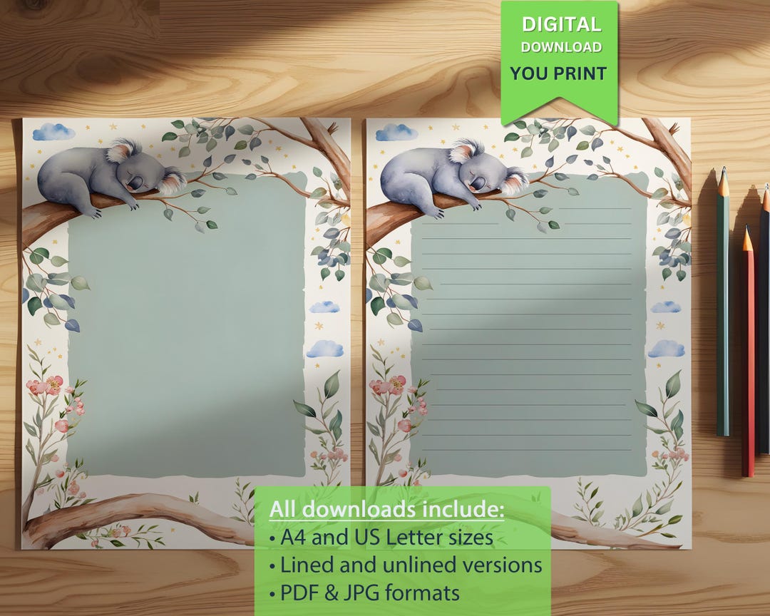 Koala-themed Printable Lined Writing Paper for Kids | Sleepy Animal ...