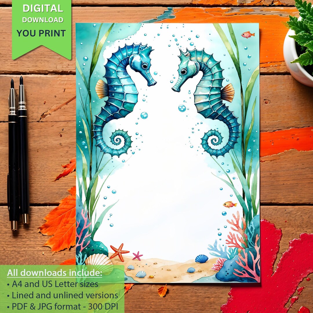 Seahorse Ocean Printable Stationery, Underwater Letter Paper ...