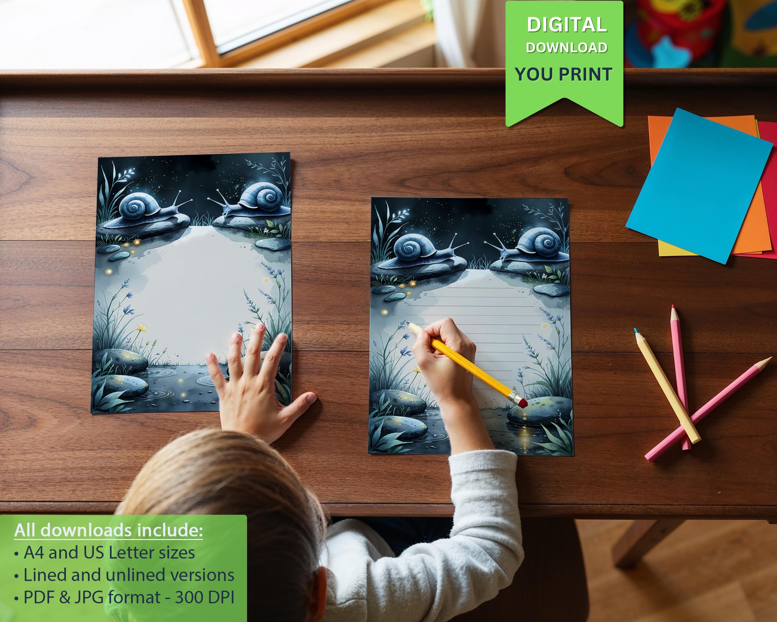 Printable Kids Writing Paper With Snails and Fireflies, Magical Night ...