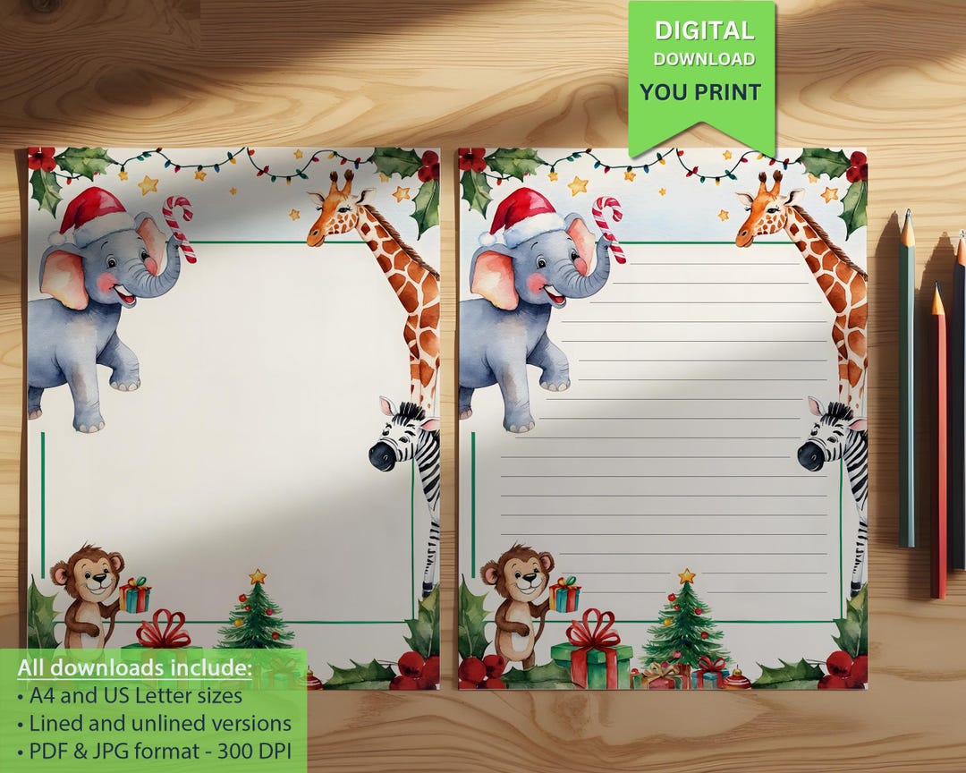 Christmas Writing Paper With Safari Animals and Festive Decorations for ...
