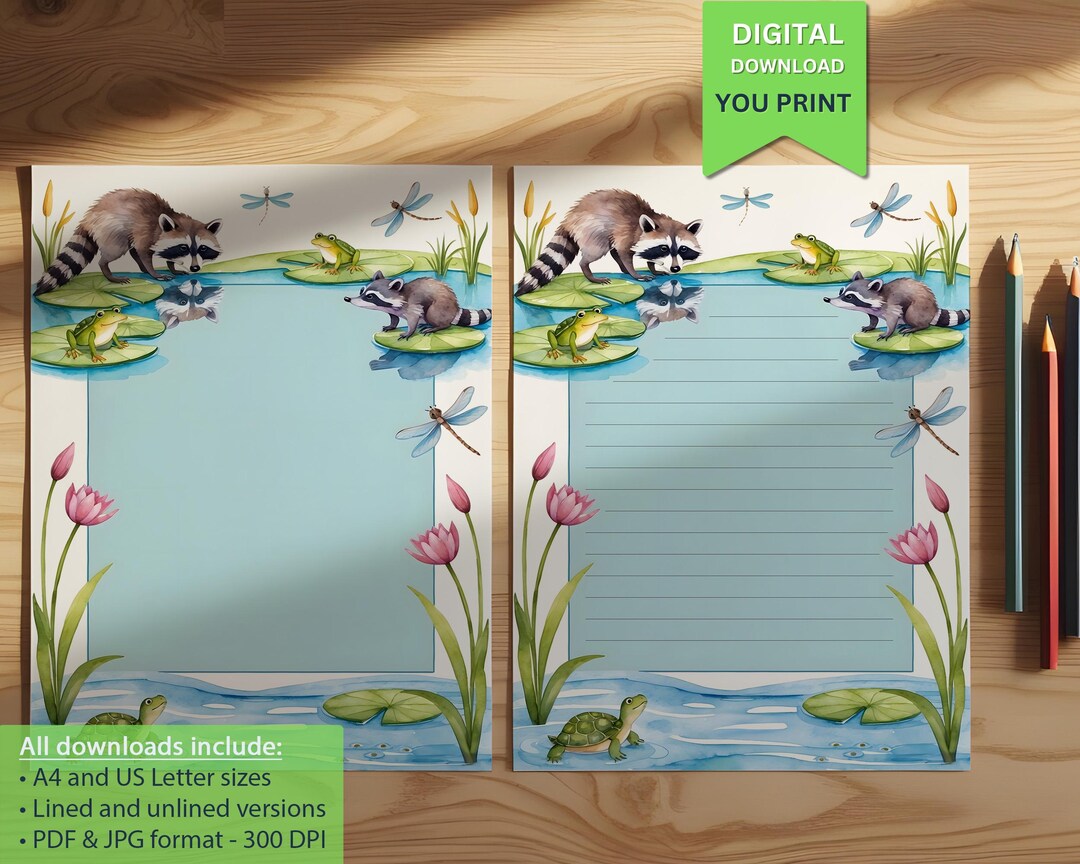Magical Pond Adventures Writing Paper | A4 and US Letter PDF | Raccoons, Frogs and Turtles ...