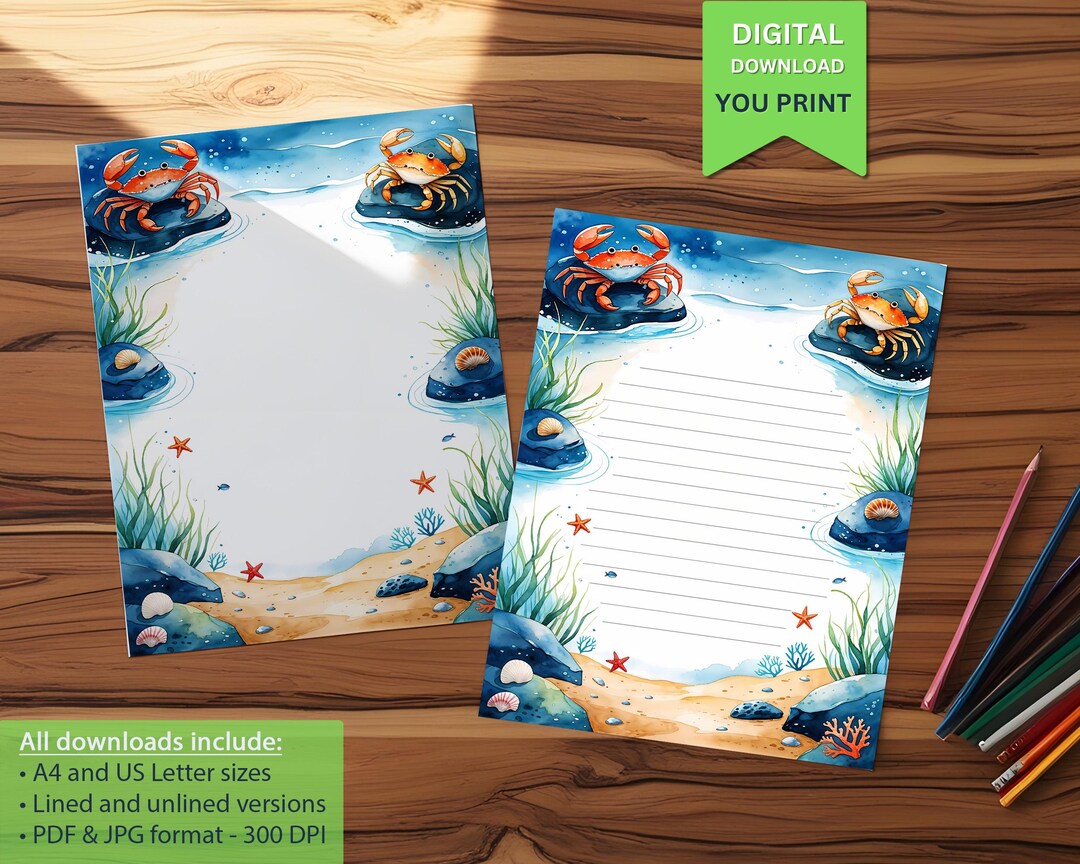 Underwater Crab Stationery: Ocean Beach Letter Paper (digital Download ...