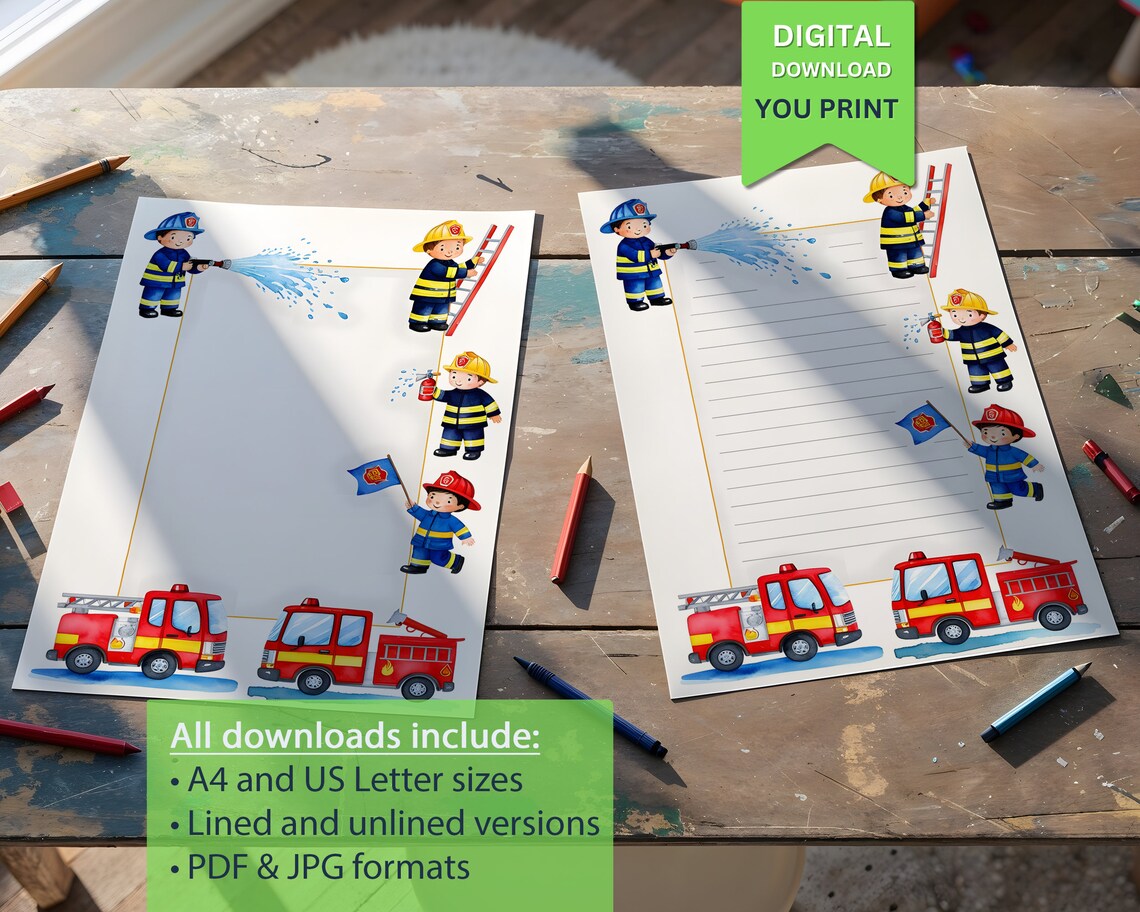 Printable Firefighter-themed Writing Paper for Kids Fun Fire Truck and ...