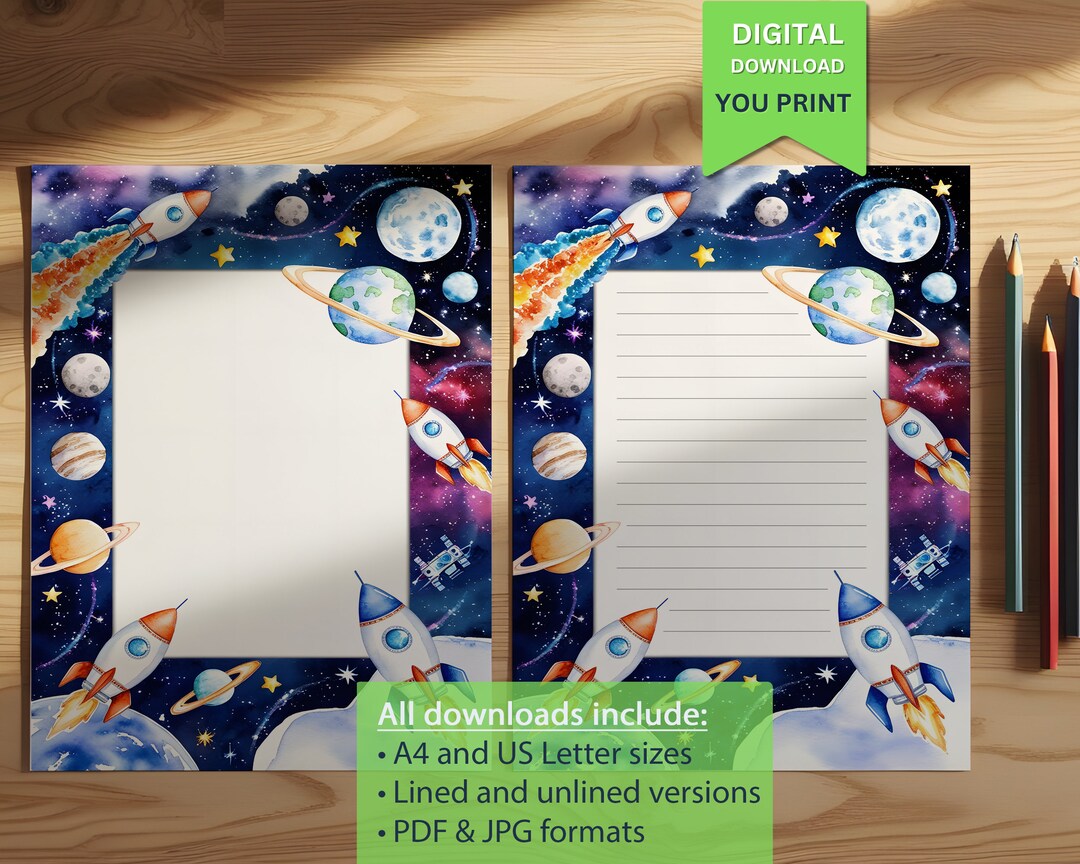 Space Adventure Kids Writing Paper | Printable Rocket and Planet ...