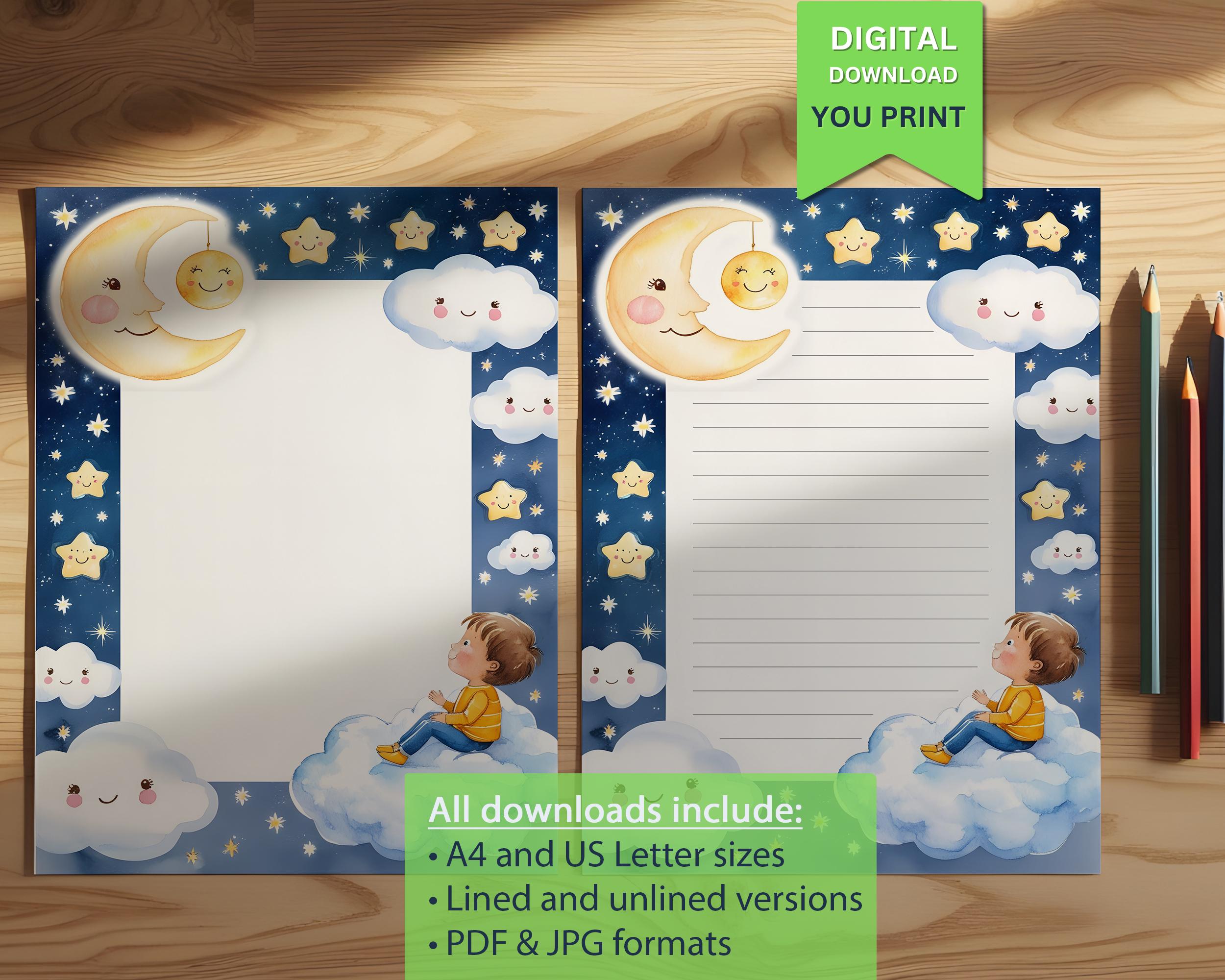 Printable Moon and Stars Writing Paper for Kids Dreamy Cloud Design for ...