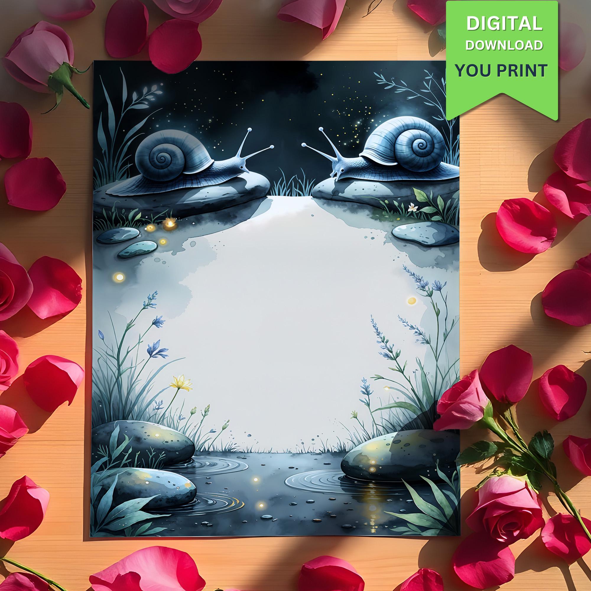 Printable Kids Writing Paper With Snails and Fireflies, Magical Night ...