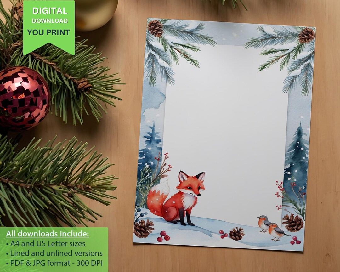 Winter Fox Writing Paper | A4 and US Letter PDF | Snowy Forest ...