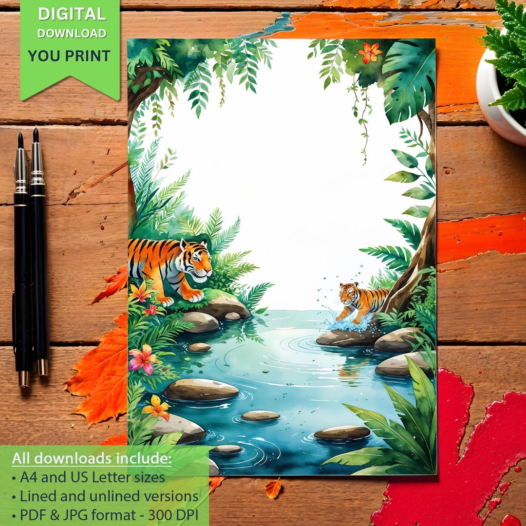 Printable Kids Writing Paper With Cute Tigers, Jungle Adventure Theme ...