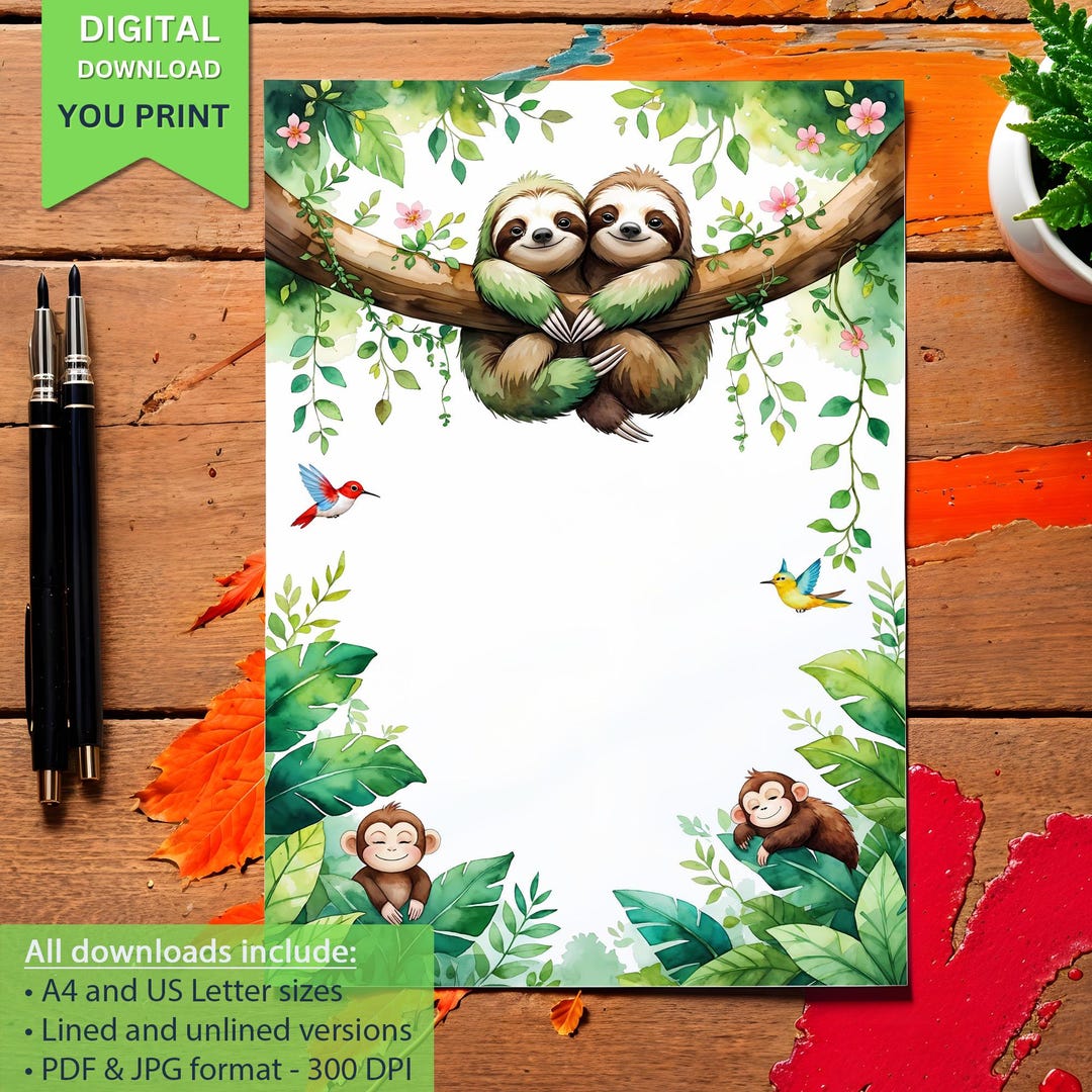 Cute Sloth Jungle Stationery, Adorable Animal Writing Paper, Printable ...