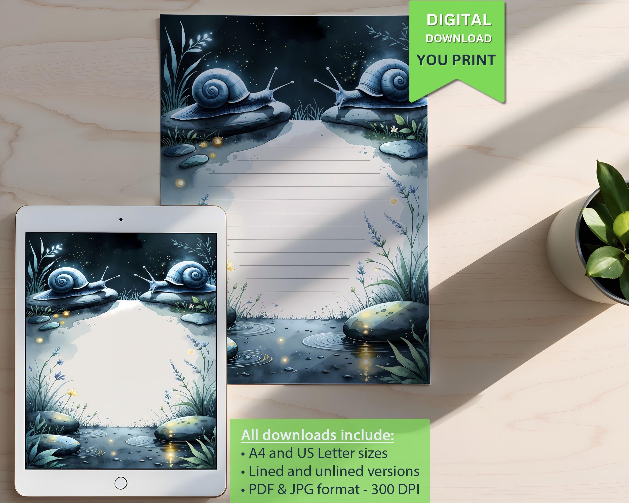 Printable Kids Writing Paper With Snails and Fireflies, Magical Night ...