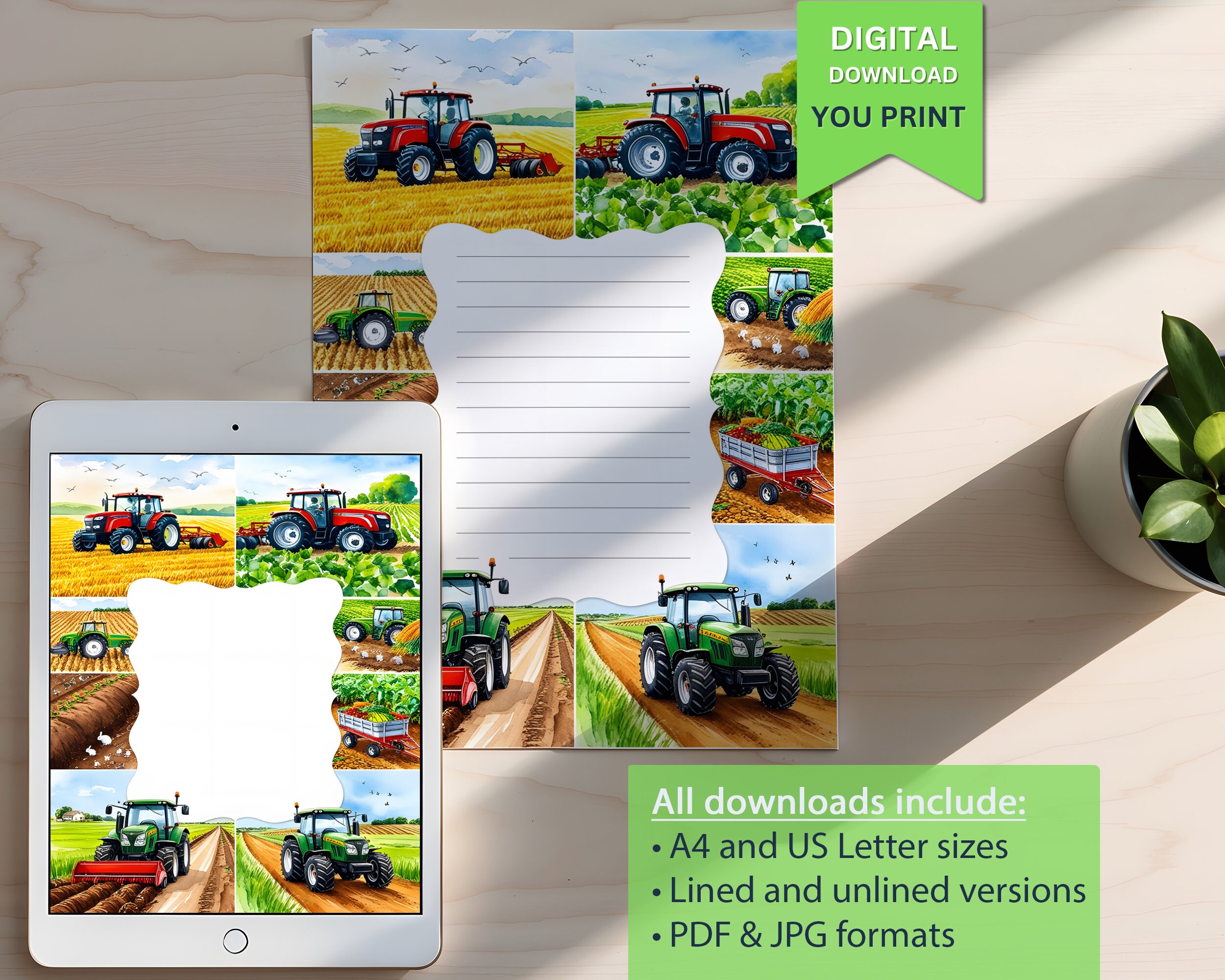 Tractor Writing Paper for Kids: Farm Life Stationery (digital Download ...