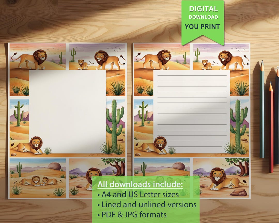 Lion-themed Printable Writing Paper for Kids Fun Desert Animal ...