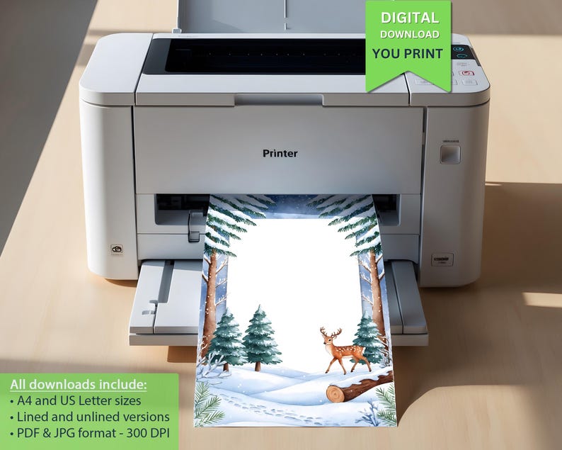 Winter Forest Deer Writing Paper - A4 US Letter Printable Stationery ...