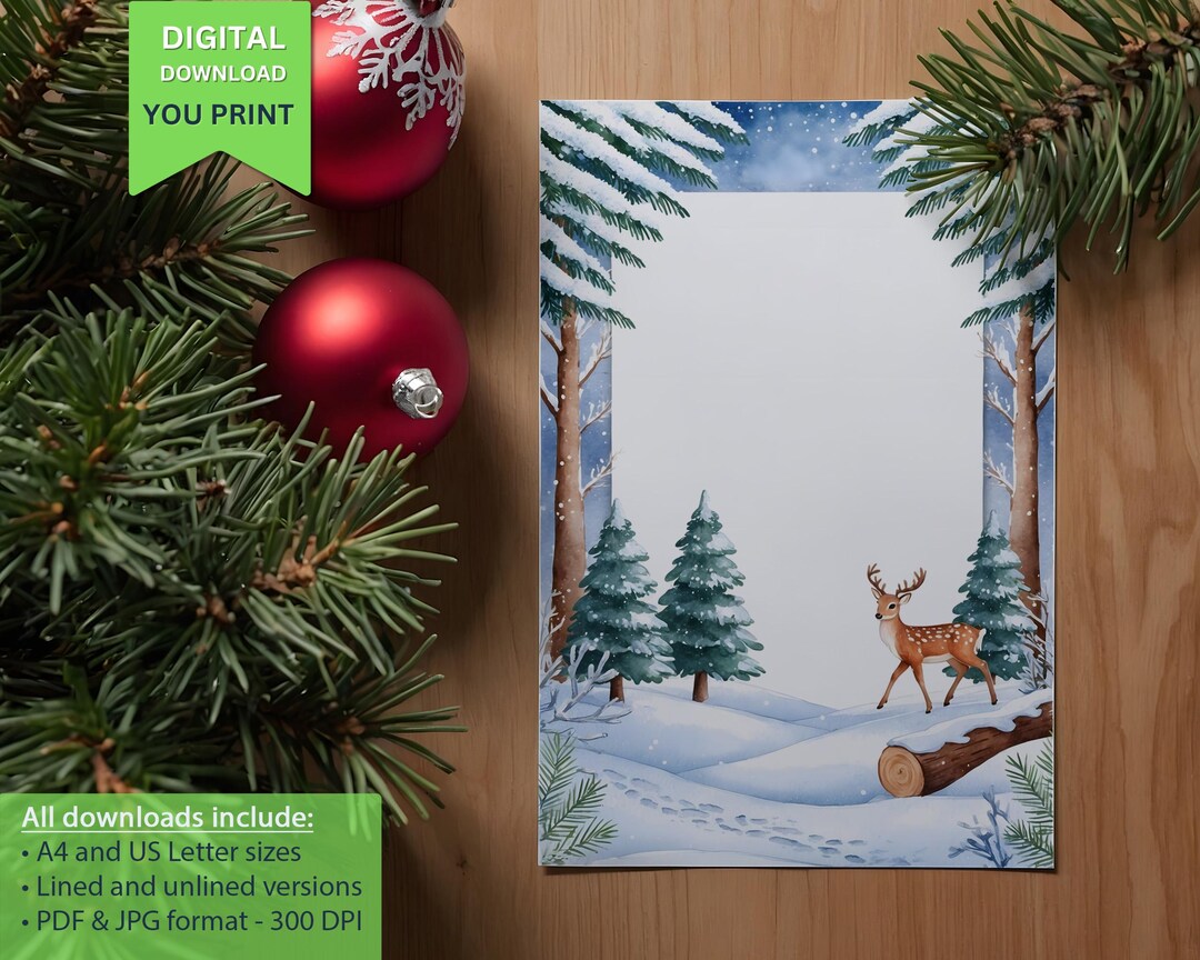Winter Forest Deer Writing Paper - A4 US Letter Printable Stationery ...