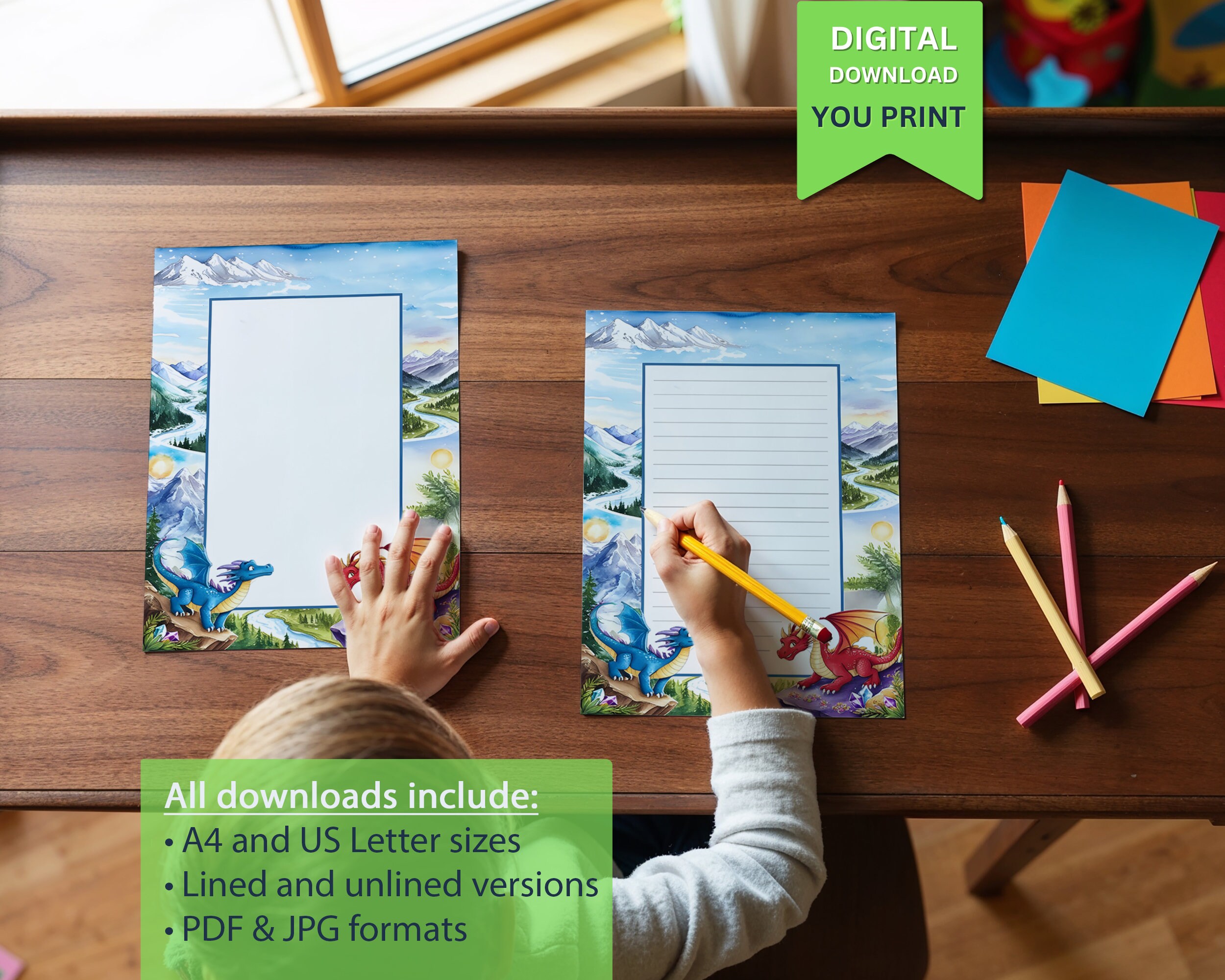 Printable Dragon Adventure Writing Paper for Kids – Fantasy Stationery ...