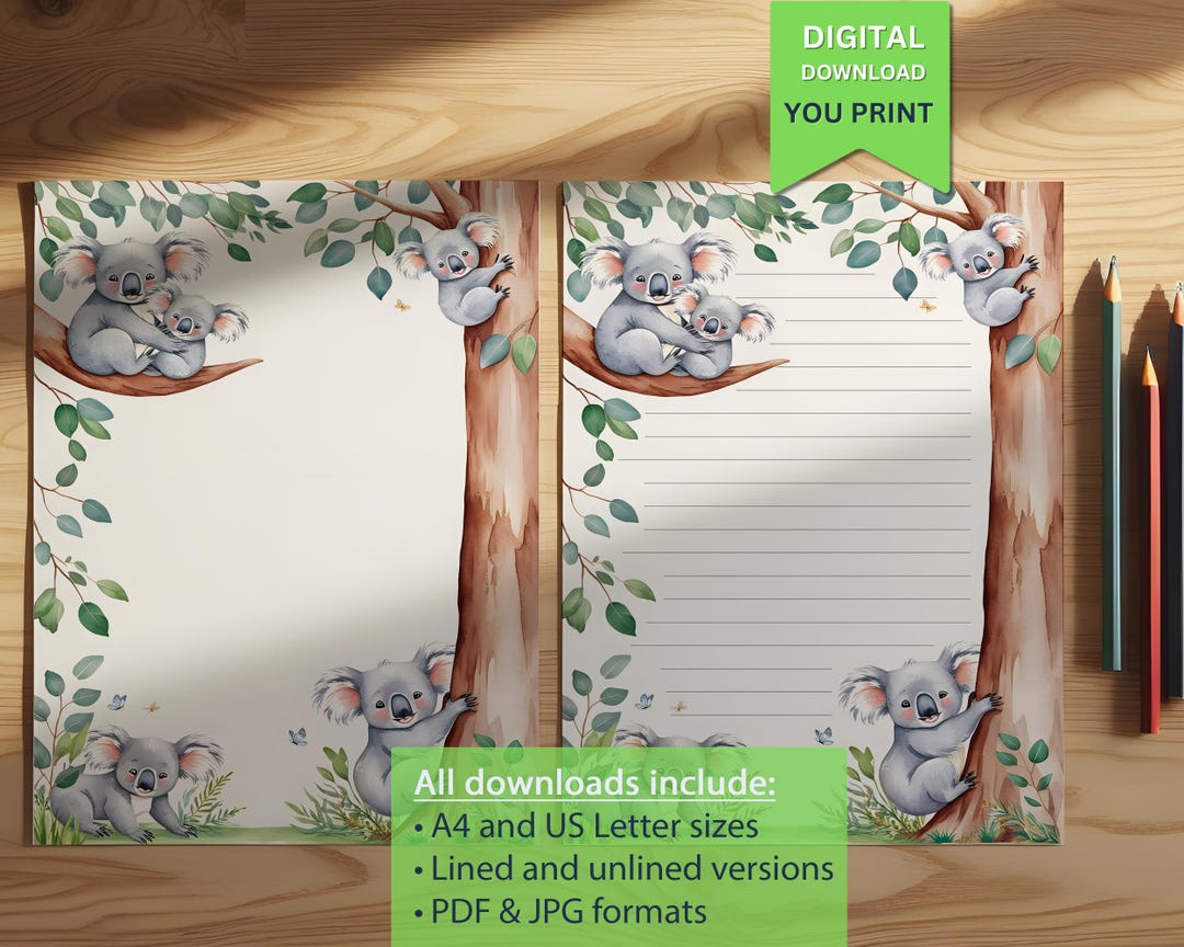 Printable Lined Writing Paper for Kids | Koala-themed Cute Animal ...