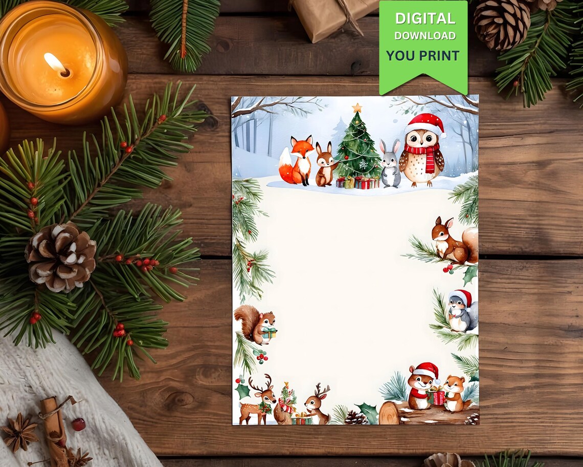 Woodland Christmas Writing Paper With Cute Forest Animals and Festive ...